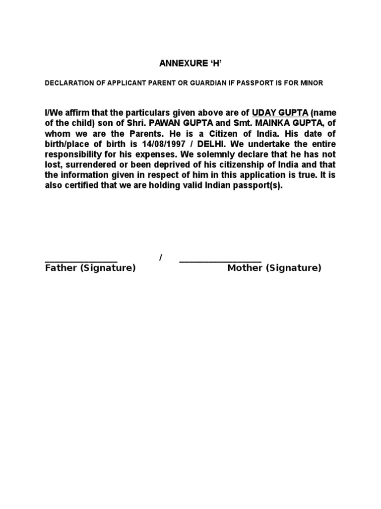 Annexure H: Minor Passport Declaration | PDF