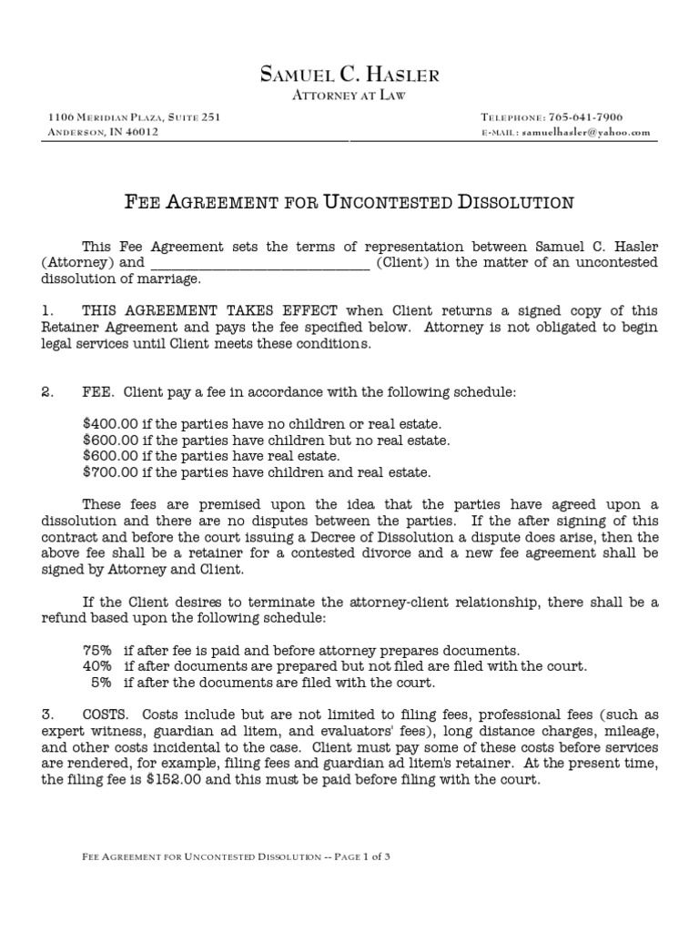 Uncontested Divorce Fee Agreement | PDF | Lawyer | Divorce