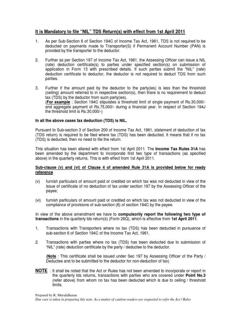 Note On Tds Reporting | Download Free PDF | Income Tax In India ...