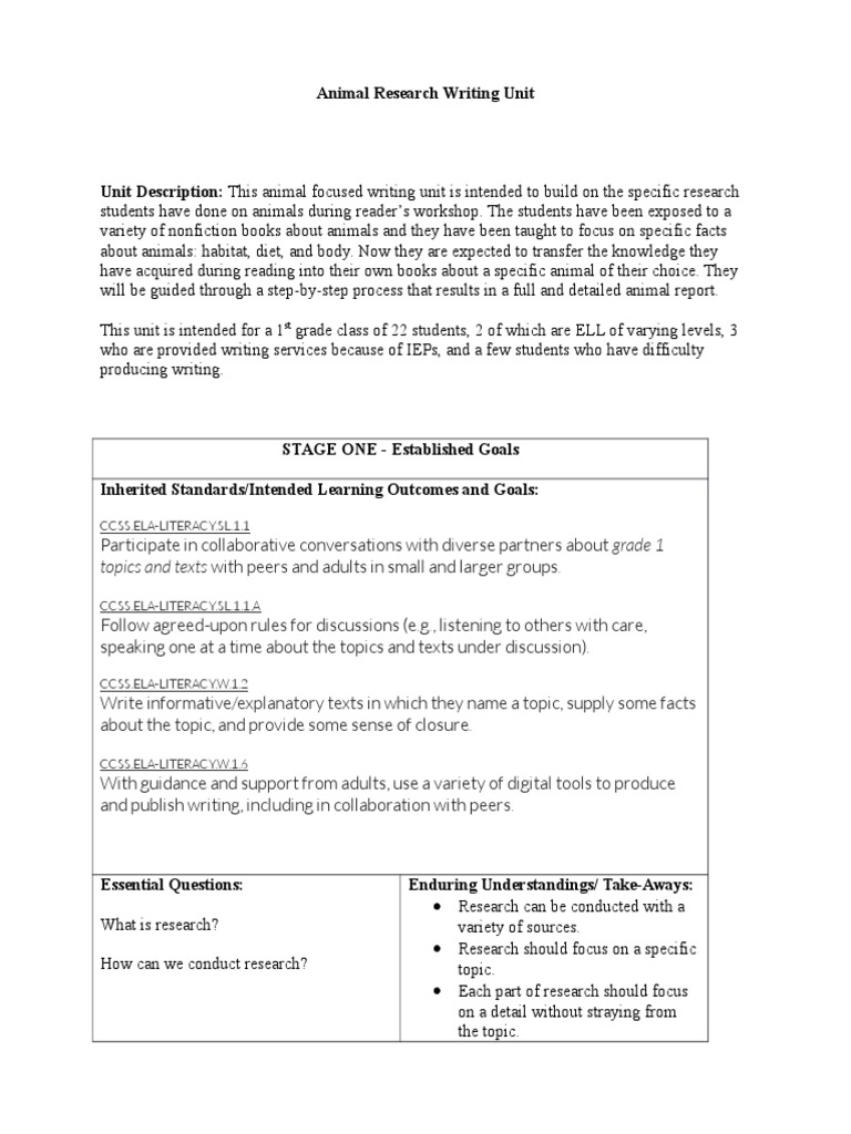 1st Grade Animal Research Writing Unit | PDF | Educational Assessment ...