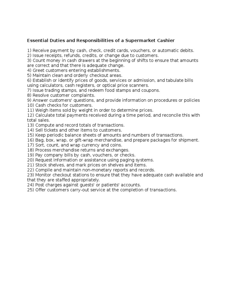 Supermarket Cashier Duties Overview | PDF | Law