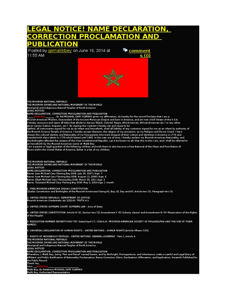 Moorish American Name Declaration Notice | PDF
