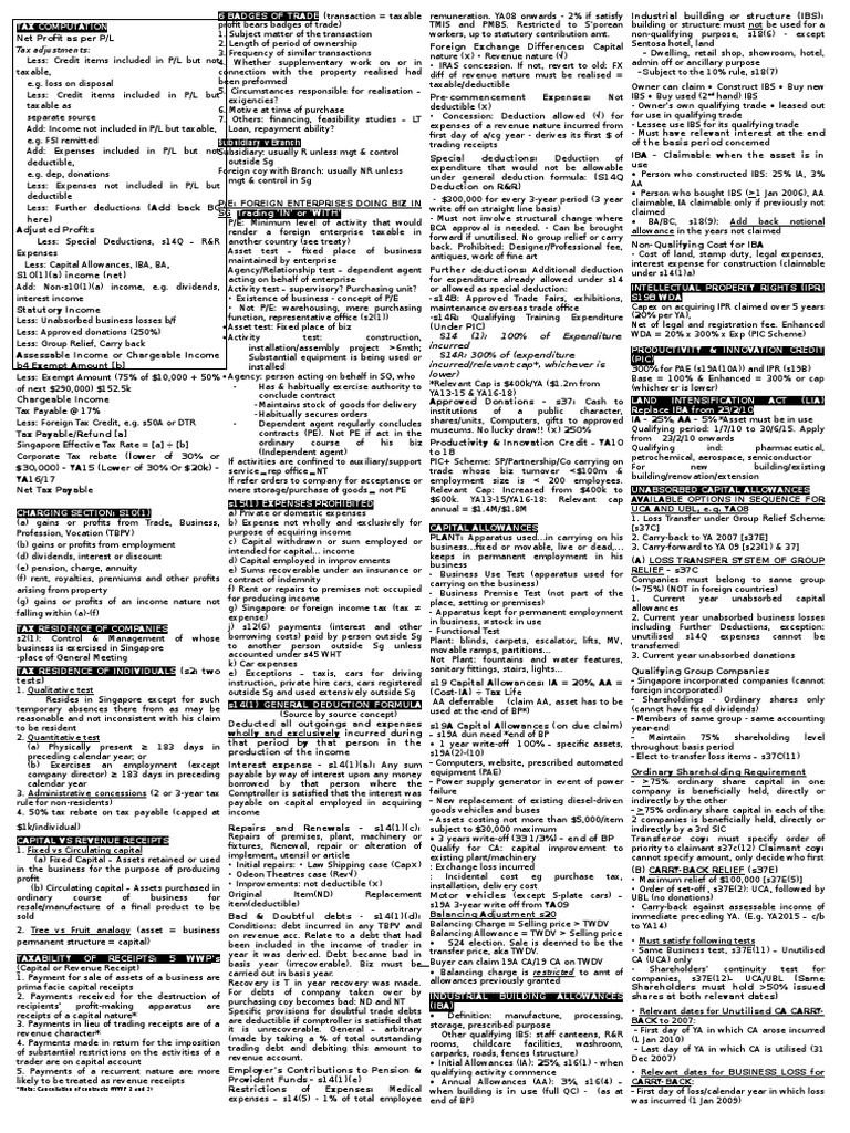 Tax Cheat Sheet AY1415 Semester 2 V2 | PDF | Corporate Tax | Taxes
