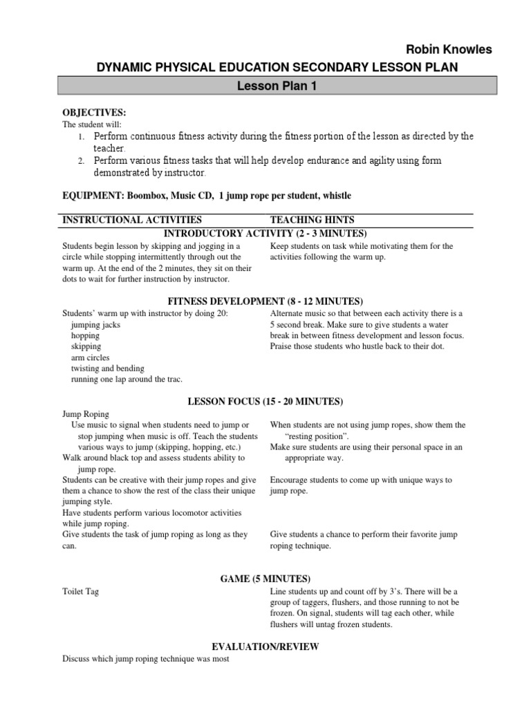 Robin Knowles Dynamic Physical Education Secondary Lesson Plan Lesson ...