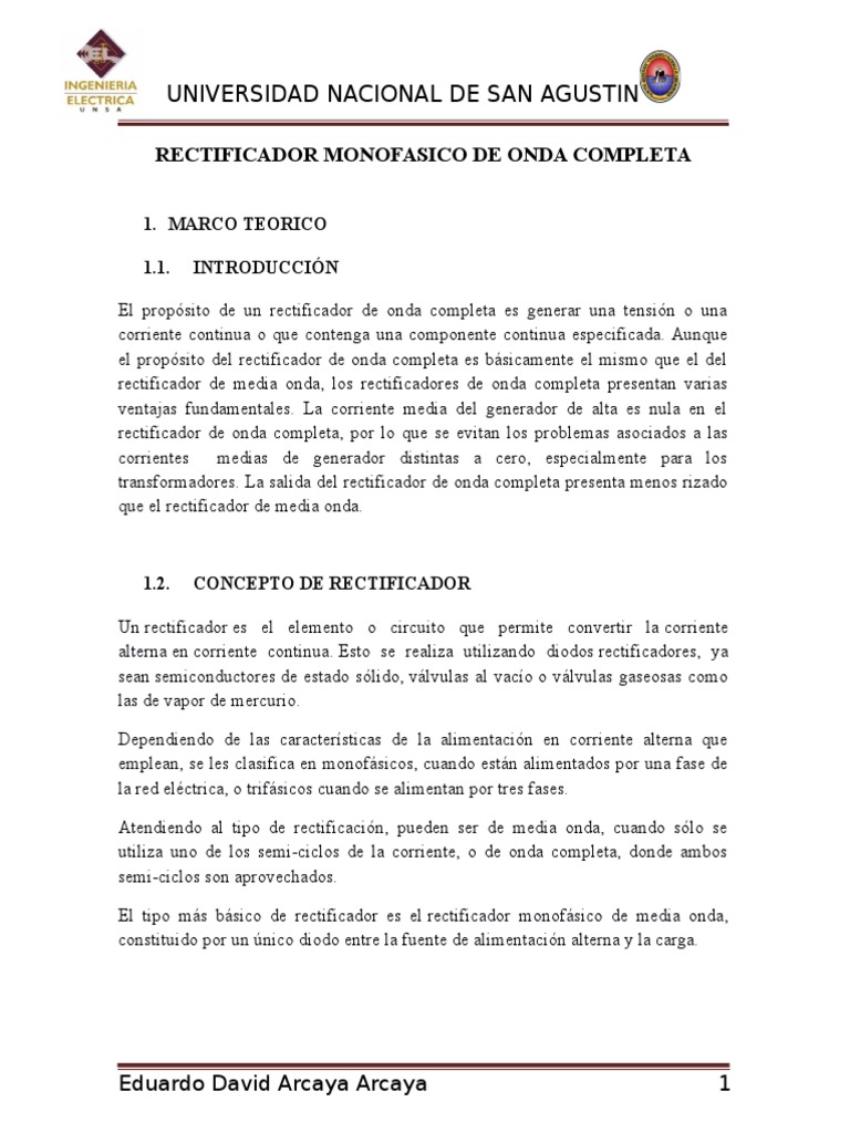 Rectificador Monofasico de Onda Completa | PDF | Rectificador | Corriente eléctrica