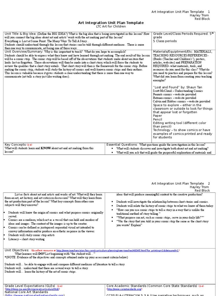 Art Integration Unit Plan for Comics | PDF | Peanuts | Comics