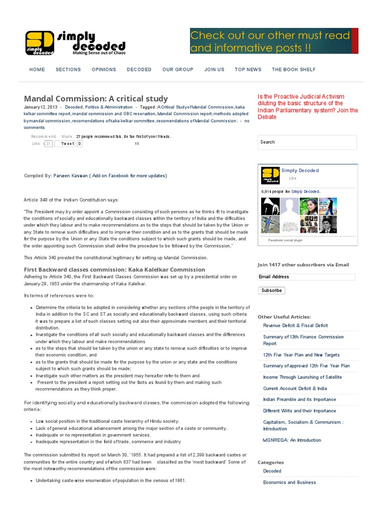 A Critical Study of Mandal Commission | PDF | Government Of India ...