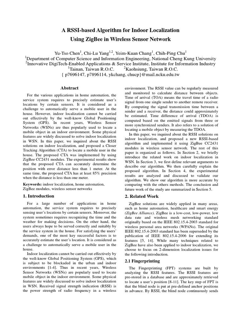 A Rssi Based Algorithm For Indoor Localization Using Zigbee In Wireless Sensor Network Pdf Pdf 