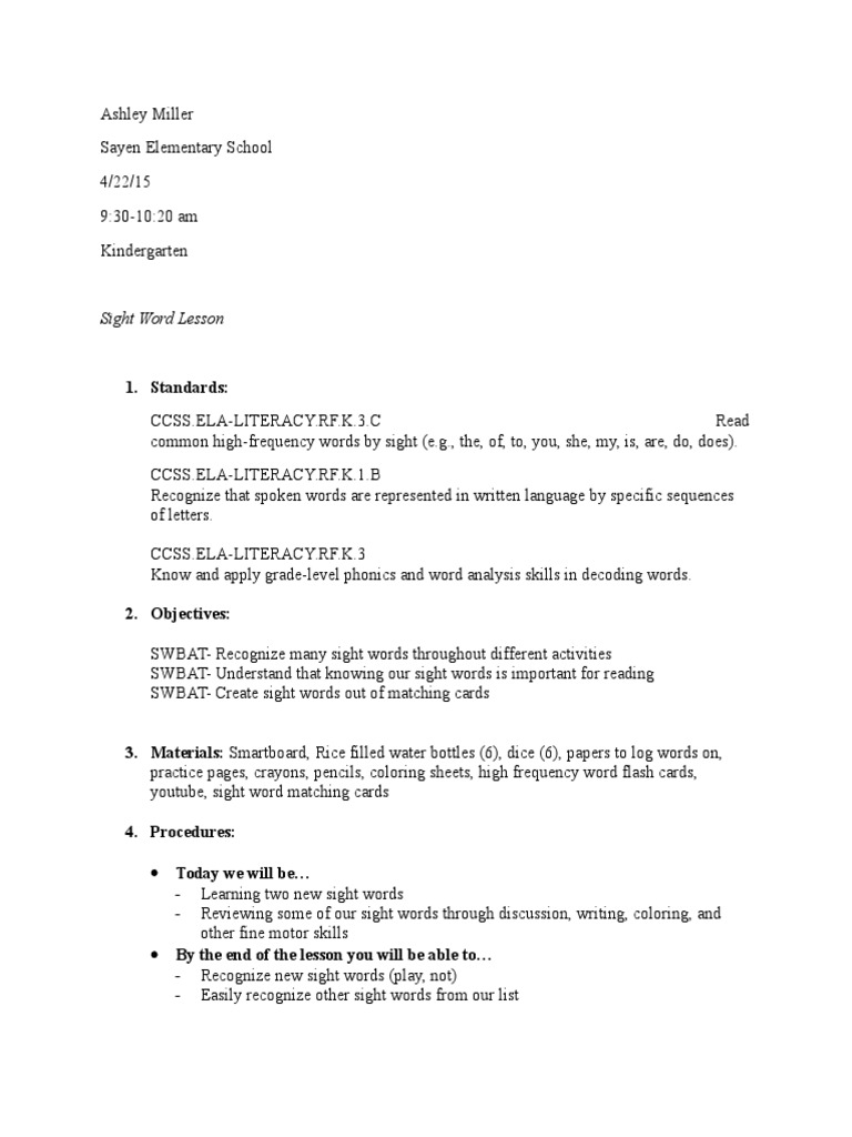 Lesson Plan - Sight Word Observation | PDF | Phonics | Reading (Process)