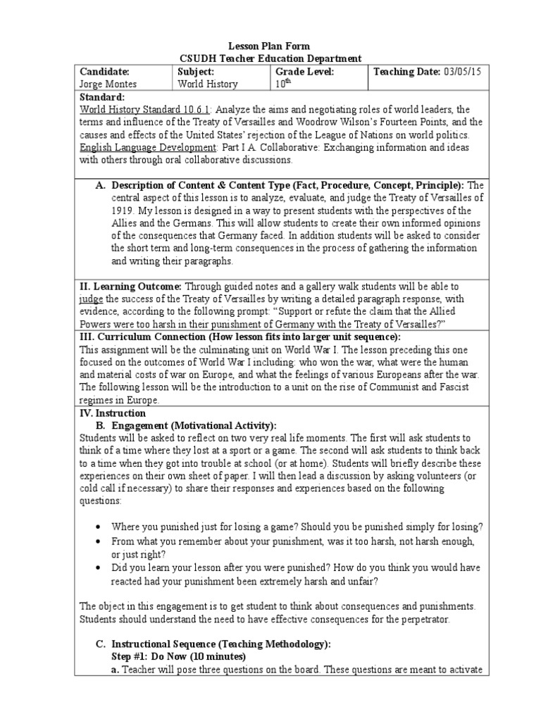Treaty of Versailles:lesson Plan | PDF | Educational Assessment | Lesson Plan