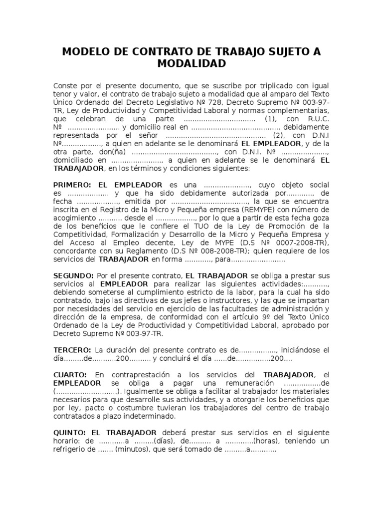 Modelo de Contrato de Trabajo Sujeto A Modalidad - MYPE | PDF | Derecho laboral | Información ...