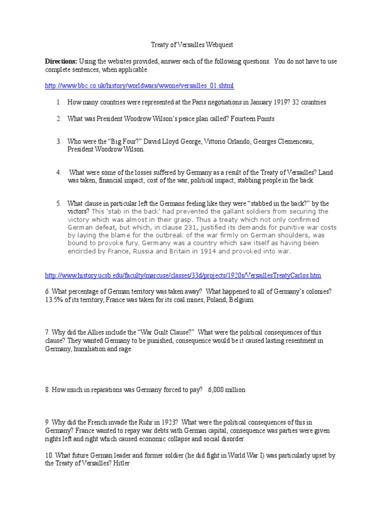 Treaty of Versailles Webquest Use2 1 | PDF | Treaty Of Versailles ...
