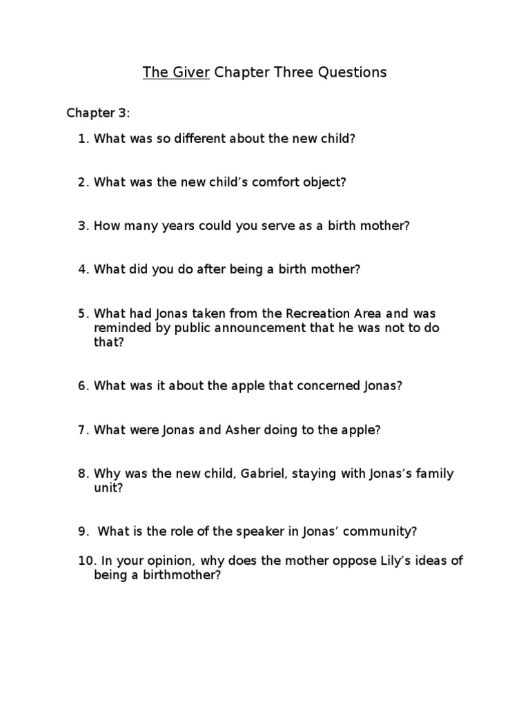 Chapter 3 Questions for The Giver | PDF | Wellness