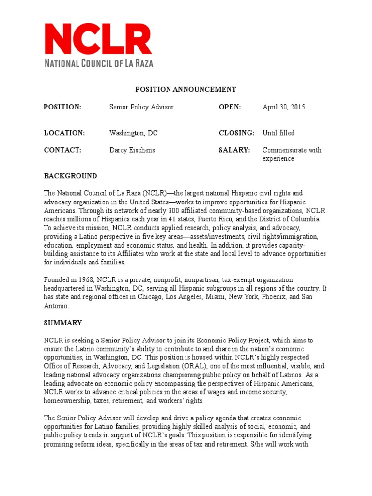 Senior Economic Policy Advisor | PDF | Policy | Government