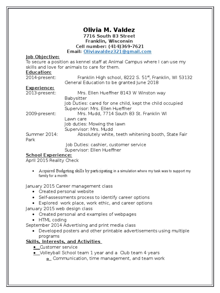 Olivia Valdez Resume for Kennel Staff | PDF | Career & Growth