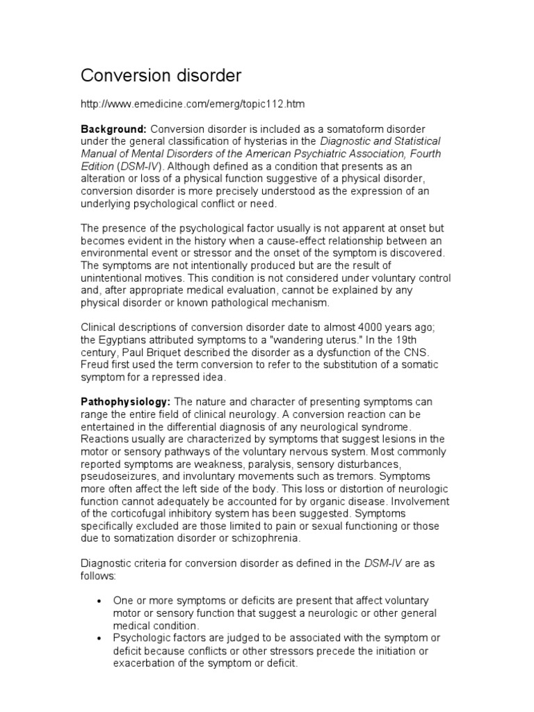 Conversion Disorder: Background: Conversion Disorder Is Included As A ...