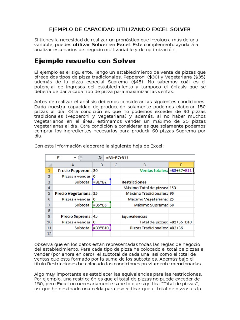 Ejemplo de Capacidad Utilizando Excel Solver | PDF | Pizza | Microsoft Excel