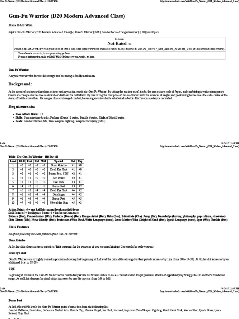 Gun-Fu Warrior (D20 Modern Advanced Class) - D&D Wiki | PDF | Firearms ...