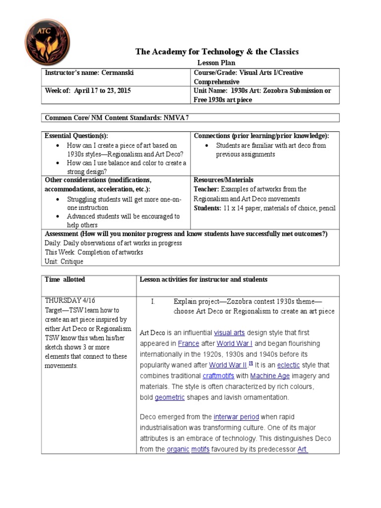 1930s Art Lesson Plan for Visual Arts | PDF | Communication Design ...