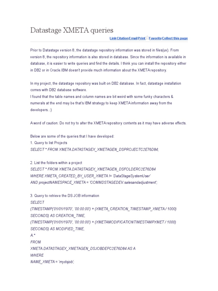 Datastage XMETA Queries | PDF | Ibm Db2 | Information Retrieval