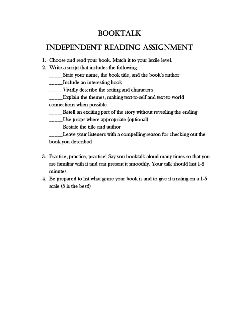 Independent Reading Booktalk Guide | PDF | General Fiction