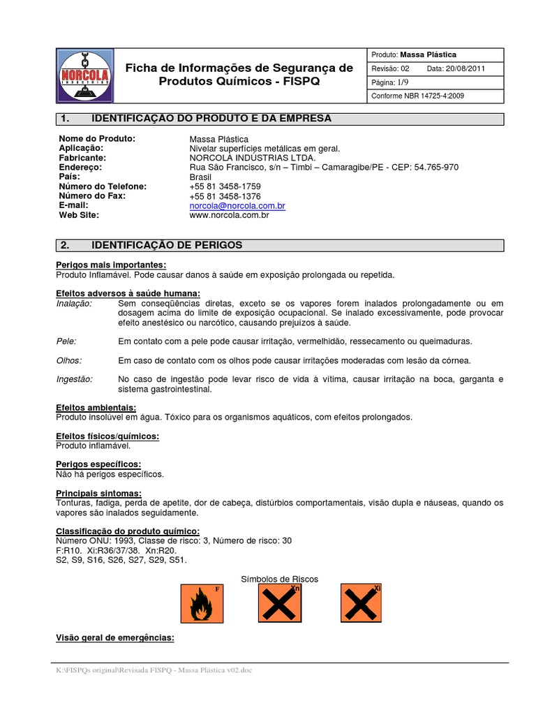 FISPQ - Massa Plástica | PDF | Embalagem e rotulagem | Desperdício