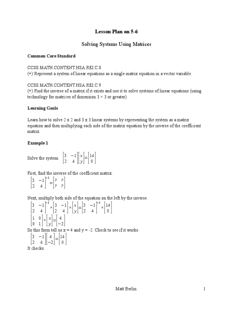 Solving Linear Systems with Matrices | PDF | Science & Mathematics