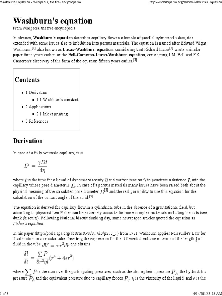 Washburn's Equation - Wikipedia, The Free Encyclopedia | Classical ...