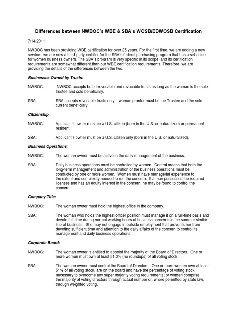 Differences Between NWBOC's WBE & SBA's WOSB/EDWOSB Certification | PDF