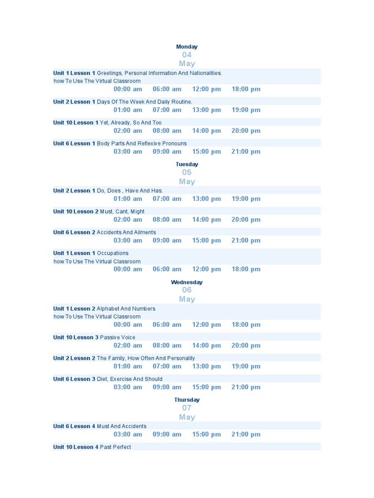 Weekly English Lessons Schedule | PDF | Wellness | Lifestyle