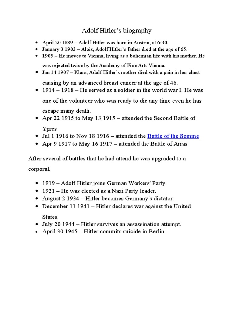 Adolf Hitlers Biography | PDF