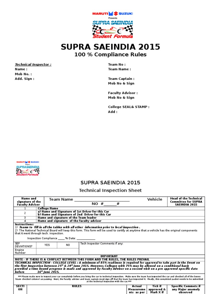 SUPRA SAEINDIA 2015 Inspection Sheet | PDF | Throttle | Suspension ...