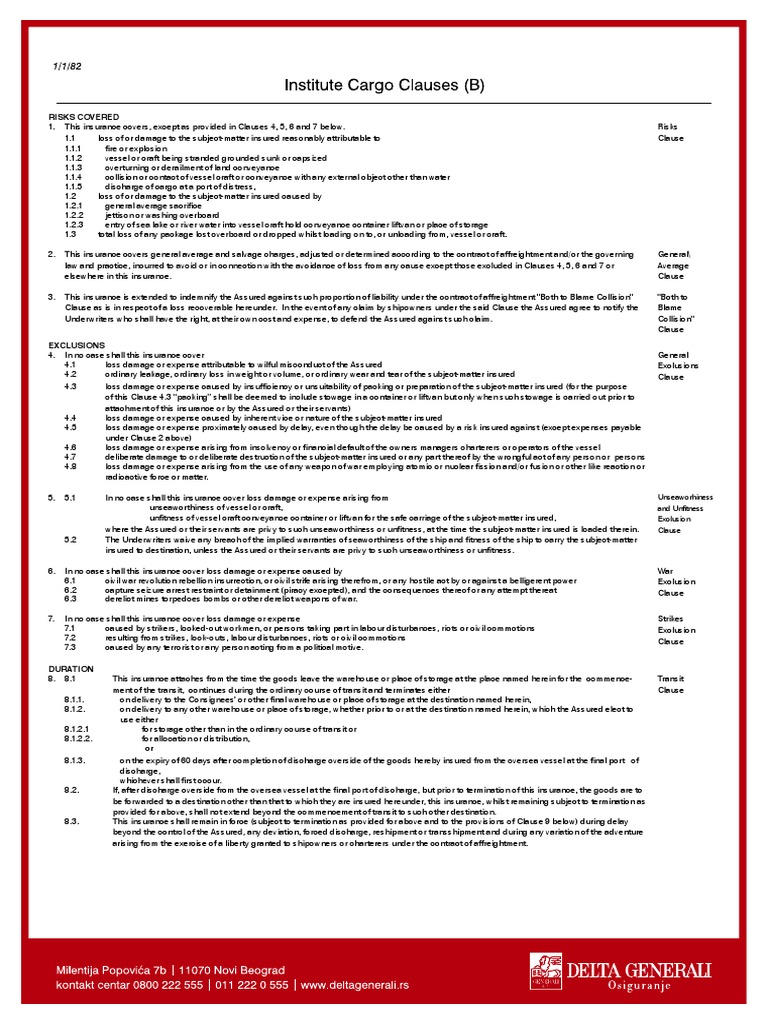 Institute Cargo Clause B Overview | PDF | Business | Law
