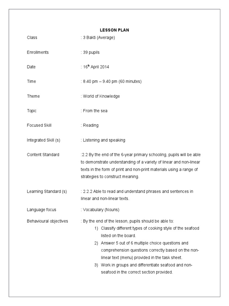 LESSON PLAN Read Seafood | PDF | Reading Comprehension | Linguistics