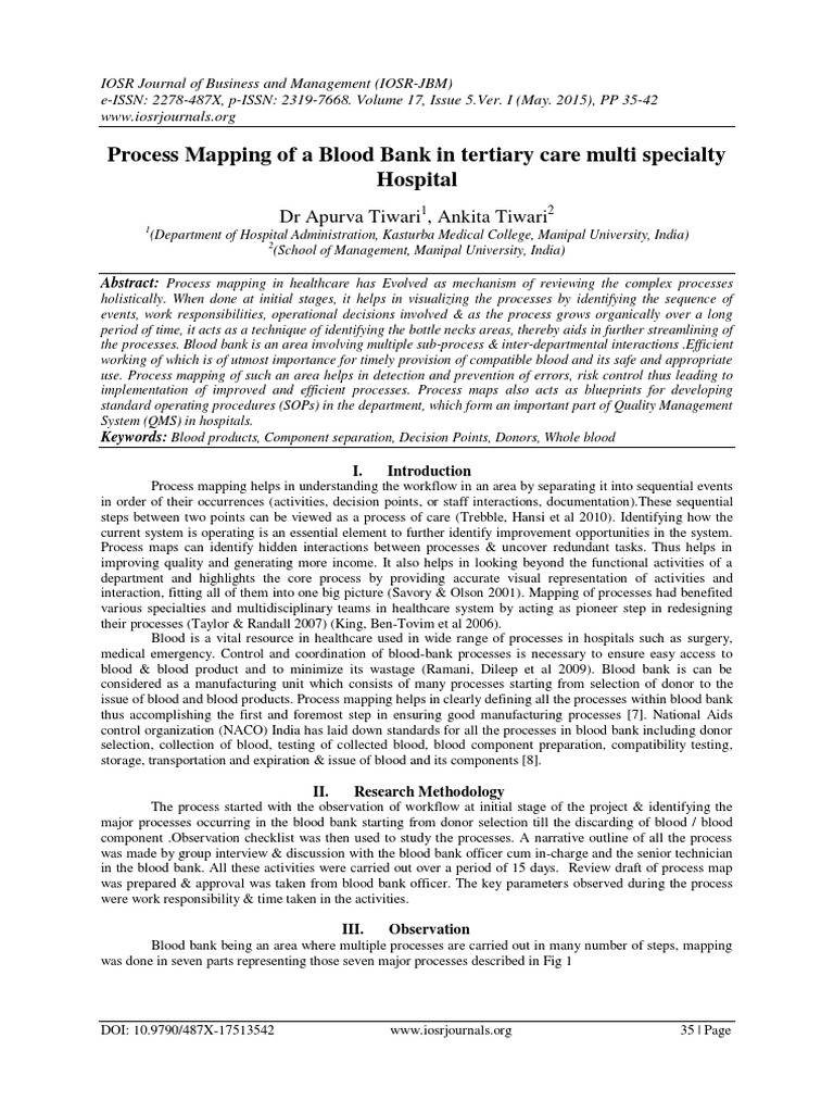Process Mapping of A Blood Bank in Tertiary Care Multi Specialty ...