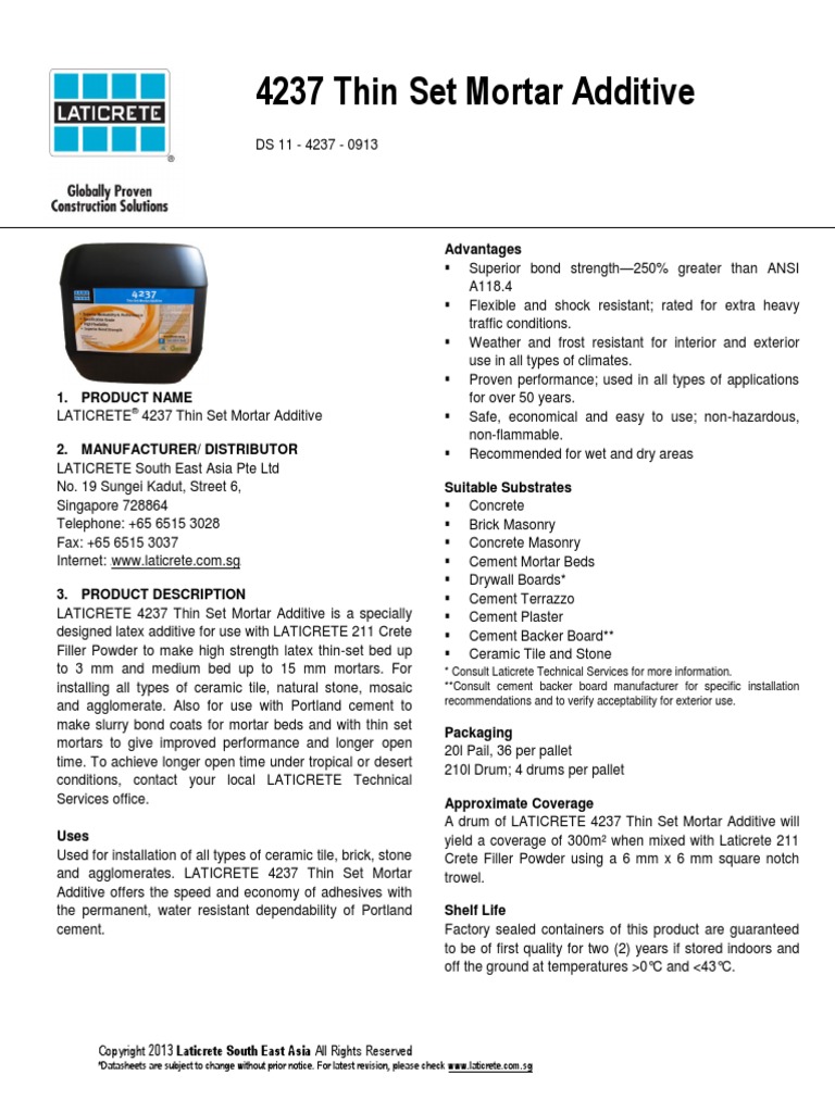 4237 Thin Set Mortar Additive TDS | Download Free PDF | Mortar (Masonry) | Masonry