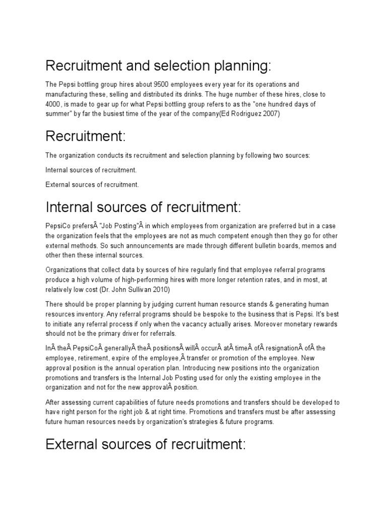 Recruitment and Selection Planning | PDF | Pepsi Co | Recruitment