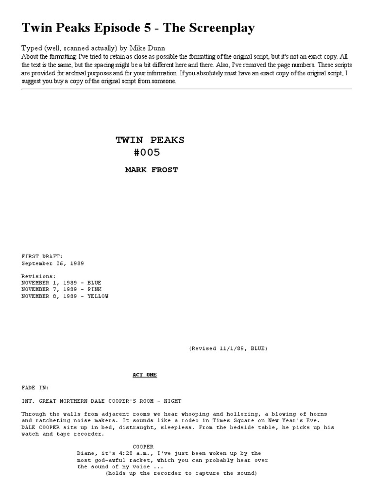 Twin Peaks Episode 5 Script | PDF | Screenplay | Nature