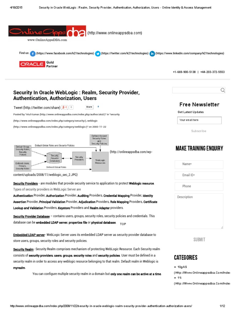 Security In Oracle Weblogic Realm Security Provider Authentication Authorization Users