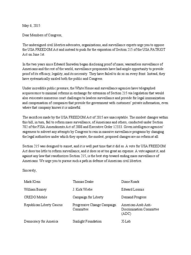 USA Freedom Act 2015 Opposition Letter | PDF | Patriot Act | Civil ...