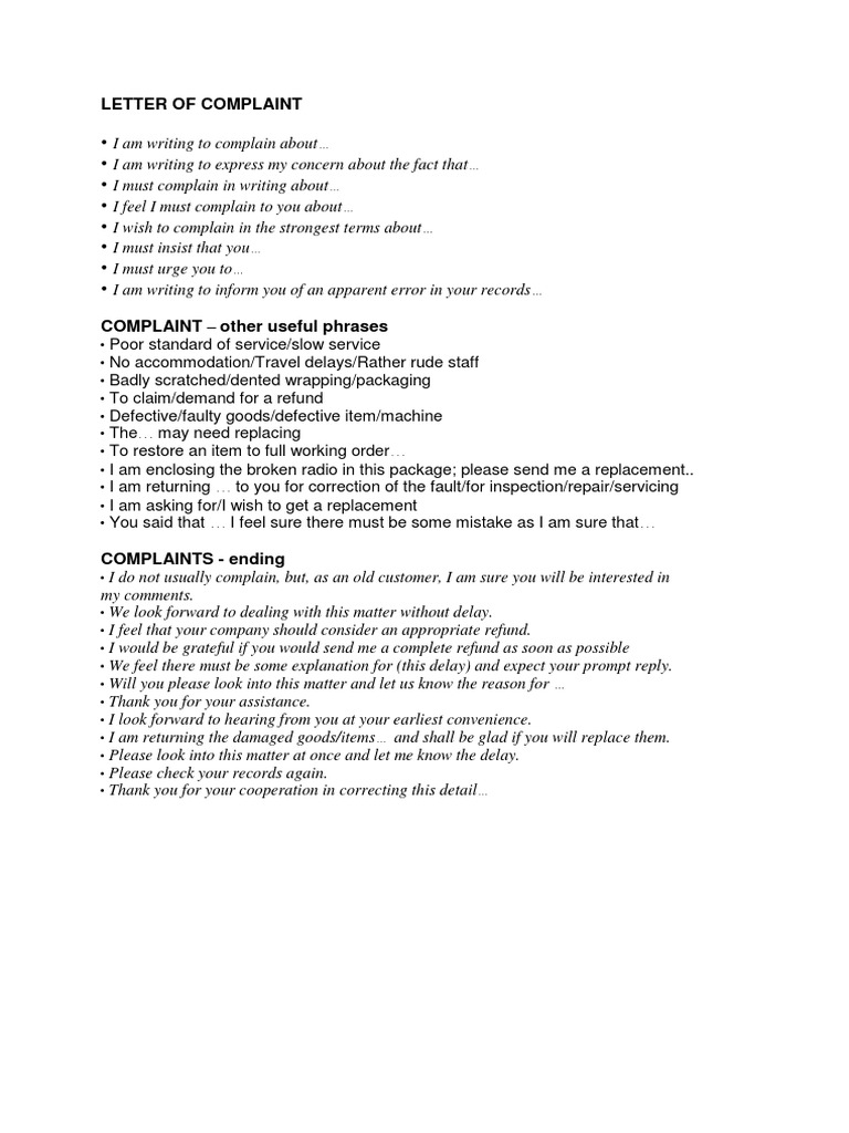 Letter of Complaint Useful Phrases and Example | PDF