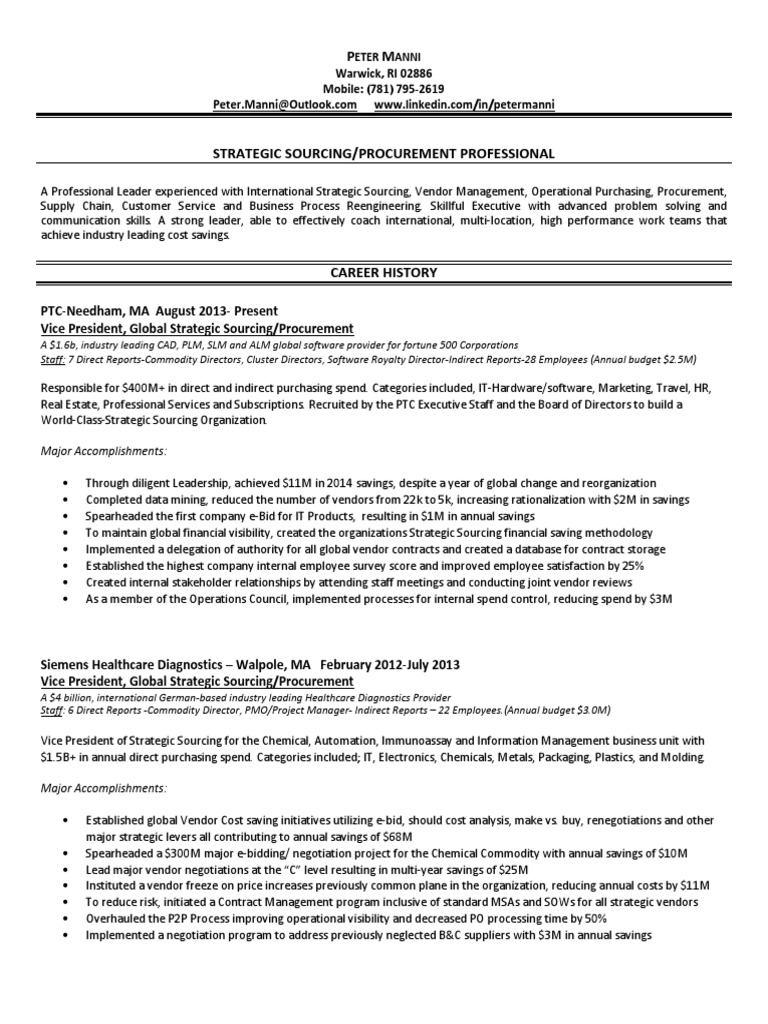 VP Strategic Sourcing Procurement in Boston MA Resume Peter Manni ...