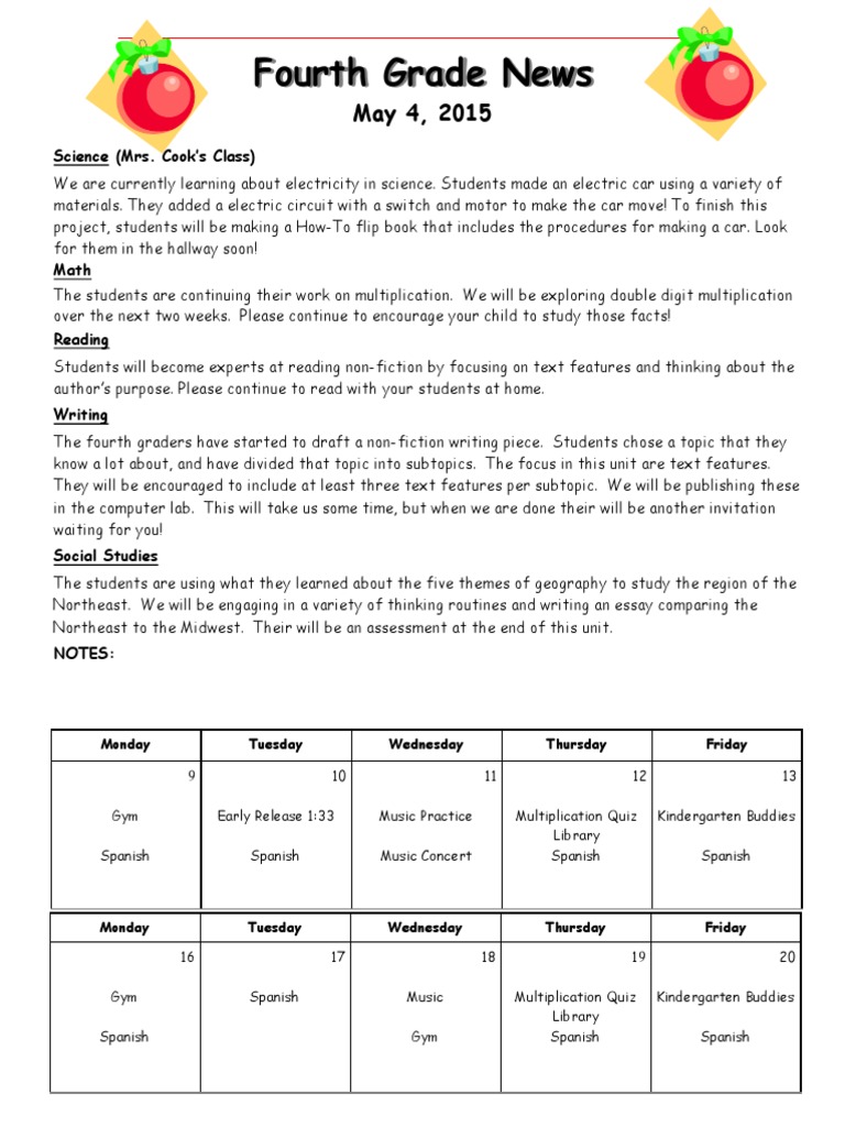 Fourth Grade News: Science (Mrs. Cook's Class) | PDF
