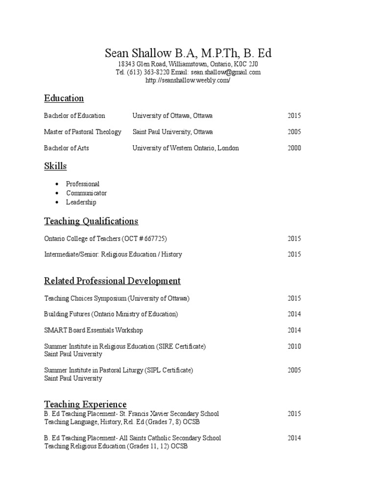 Resume 2015 Revised | PDF | Catholic Church | Religious Education