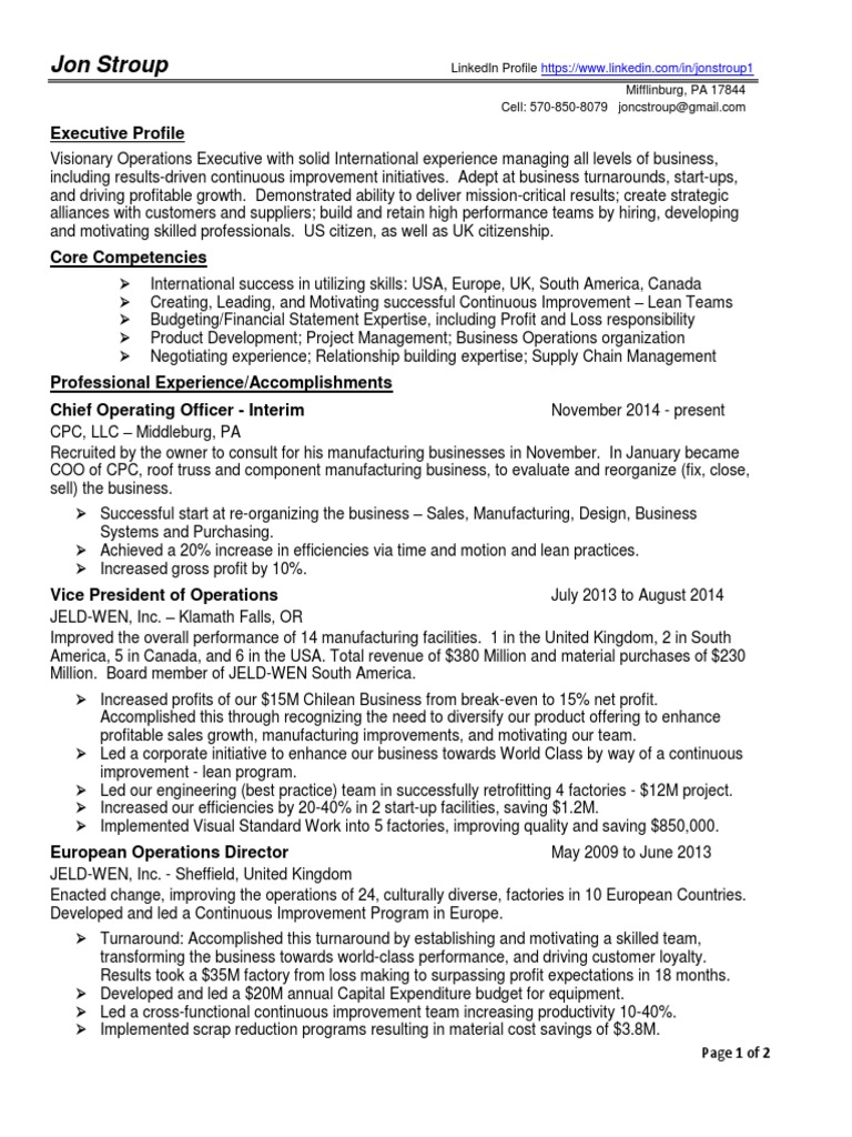 Operations Director in Houston TX Resume Jon Stroup | PDF | Supply ...