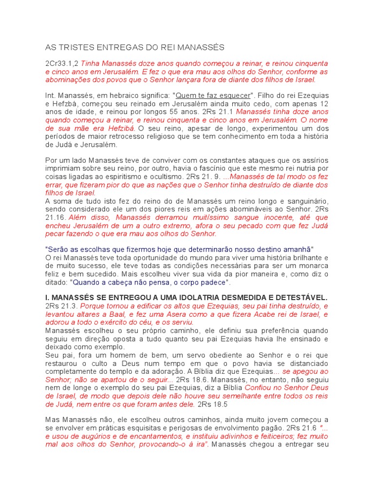 As Tristes Entregas Do Rei Manassés | PDF | Idolatria | Reino de Judá