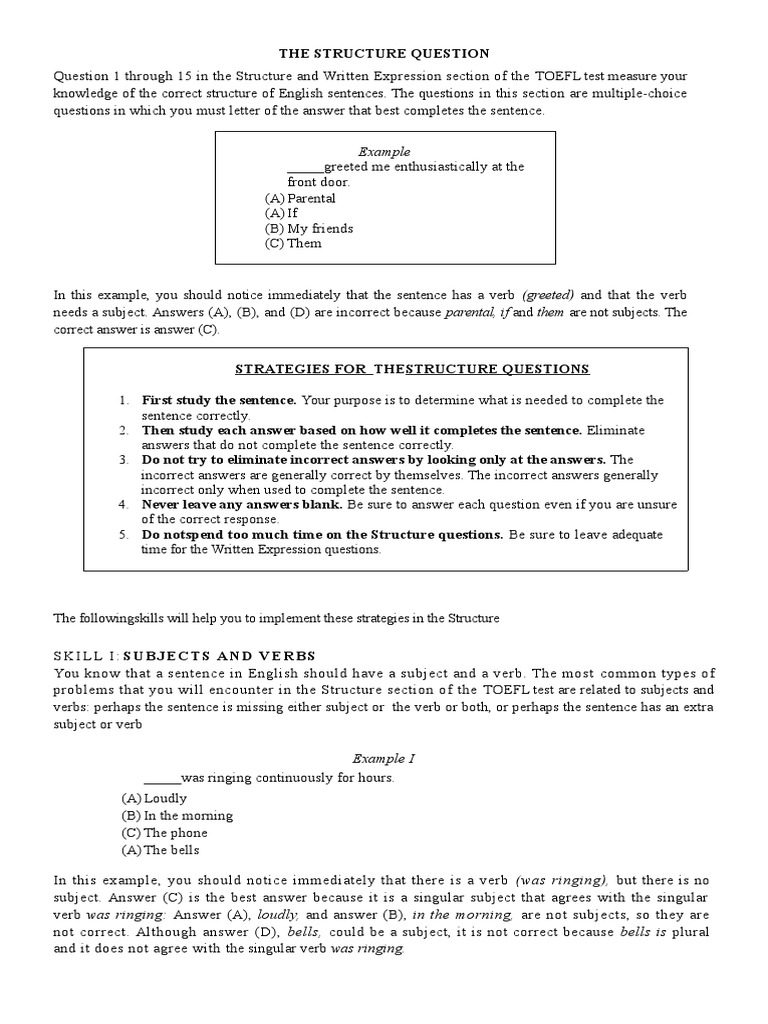 The Structure Questions TOEFL | PDF | Verb | Subject (Grammar)