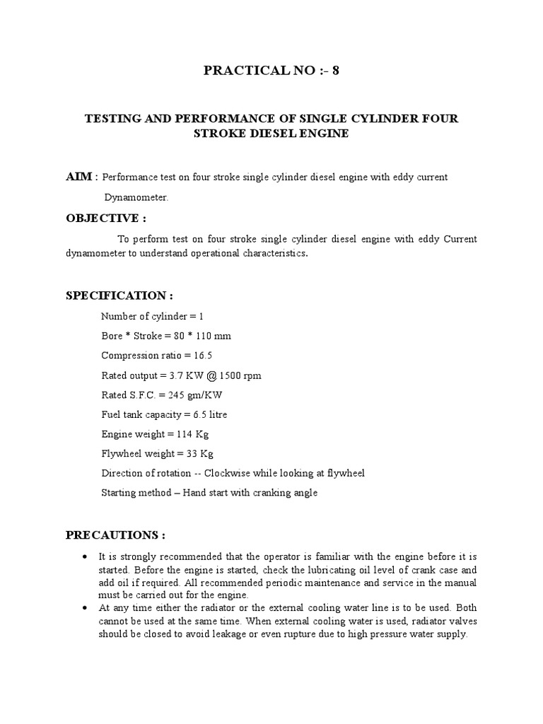 Single Cylinder Diesel Engine Testing | PDF | Diesel Engine | Engines