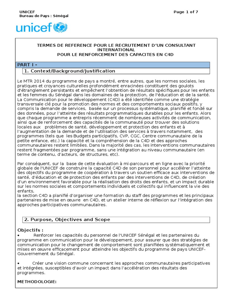 Termes de Reference Pour Le Recrutement D'un Consultant International | PDF | Consultant ...