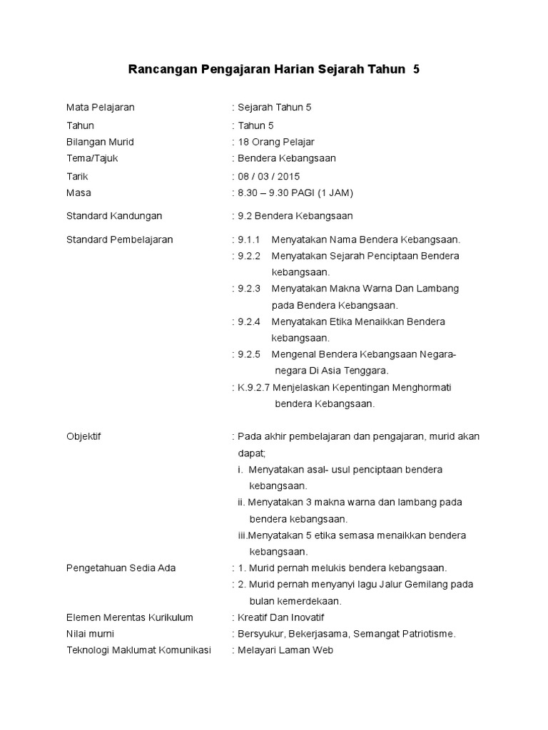 Rancangan Pengajaran Harian Sejarah Tahun 5 | PDF